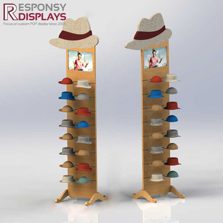 Custom Floor Chain Store POP Retail Caps Rack Wood Hats Display Stand