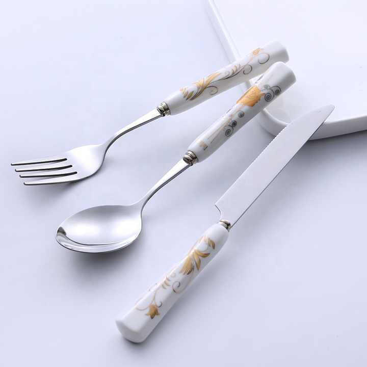 Elegant Modern Flower Pattern Ceramic Handle Flatware Set Stainless ...