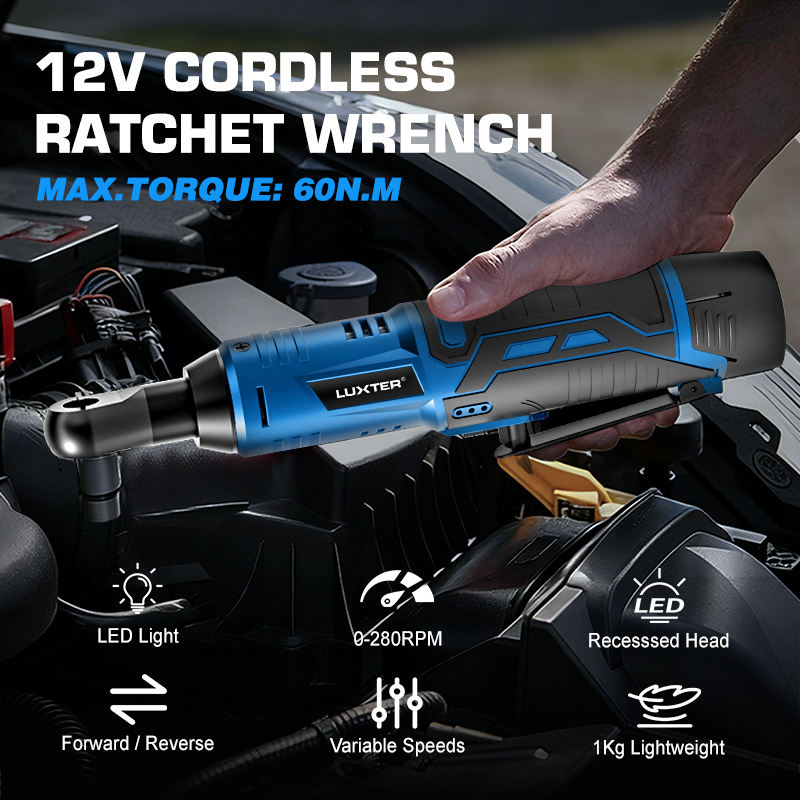 LUXTER 12V Cordless Ratchet Wrench, 60Nm Torque, Forward & Reverse, LED ...