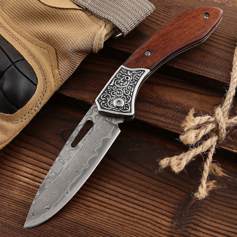 Bochen Customizable Damascus Steel Folding Pocket Knife with Wooden ...
