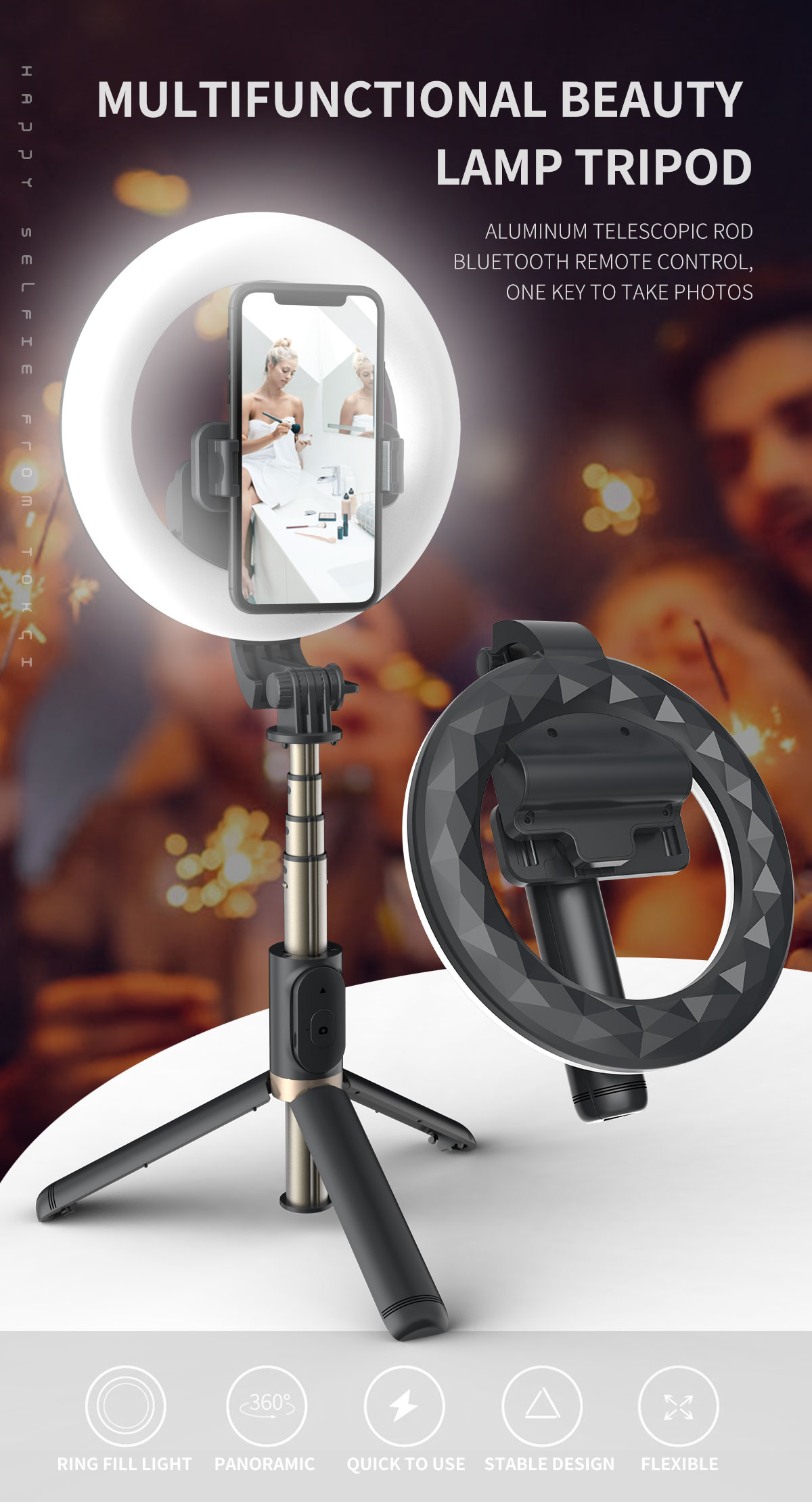 Selfie Stick Cu Cerc Luminos de 15 cm - eMAG.ro