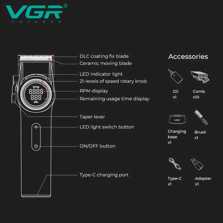 VGR V-001 DLC Blade Hair Clipper - Professional & Rechargeable