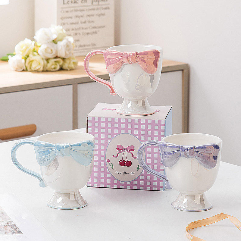 New Ceramic Porcelain Cup Breakfast Milk Cups 300ml Cute Bowknot ...