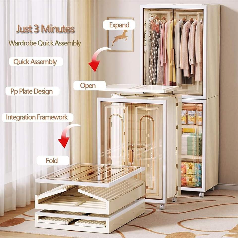 Foldable Plastic Wardrobe Closet with Removable Wheels Hanging Clothes ...
