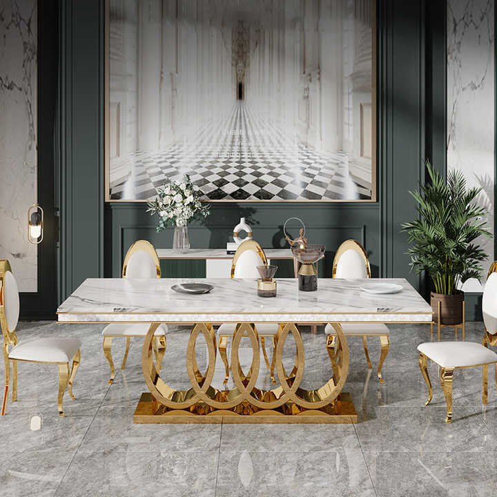 Modern Luxury Rectangular Gold Dinning Table Set 6 Seater