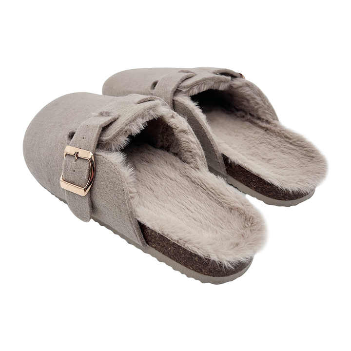 Women's Cushioned Mule Slide Shoes with Adjustable Buckle Fuzzy Faux ...