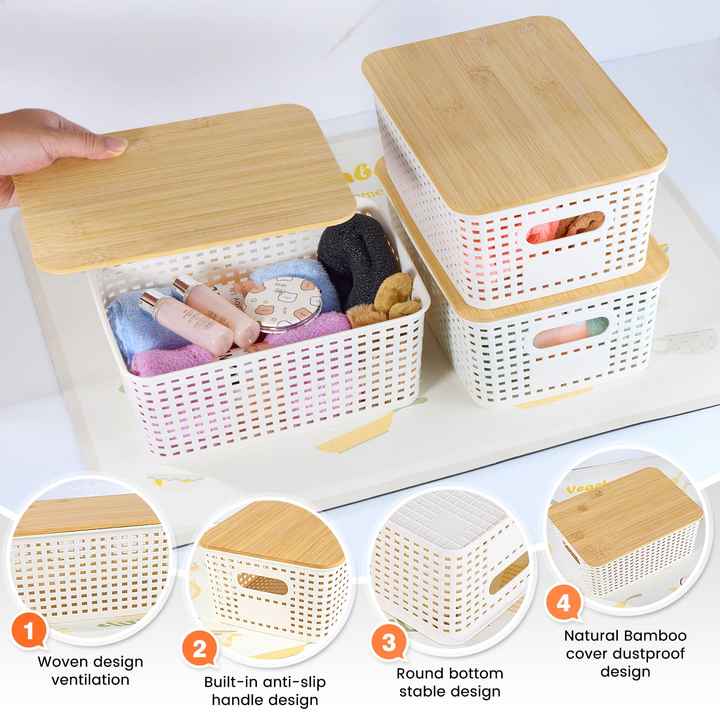 6 Pack Plastic Storage Basket with Bamboo Lid Plastic Storage Container ...