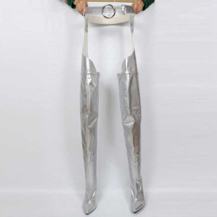Silver Belt Thigh High Boots Custom Wide Calf Fit Shoes Pointed Toes ...