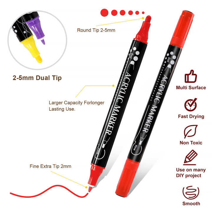 OEM Dual Tip Acrylic Markers - 36 Color Waterproof Painters