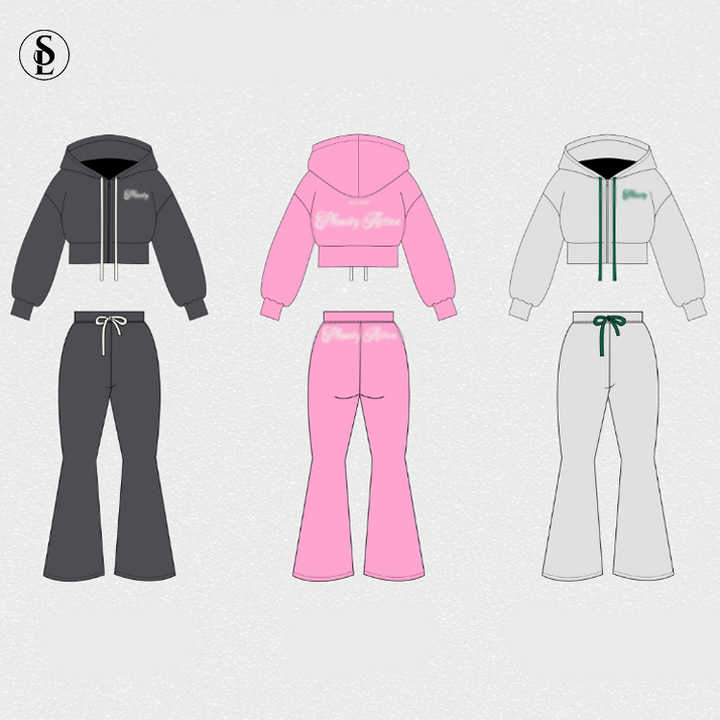 French Terry Vintage Flare Pants and Hoodie Women 2 Piece Set