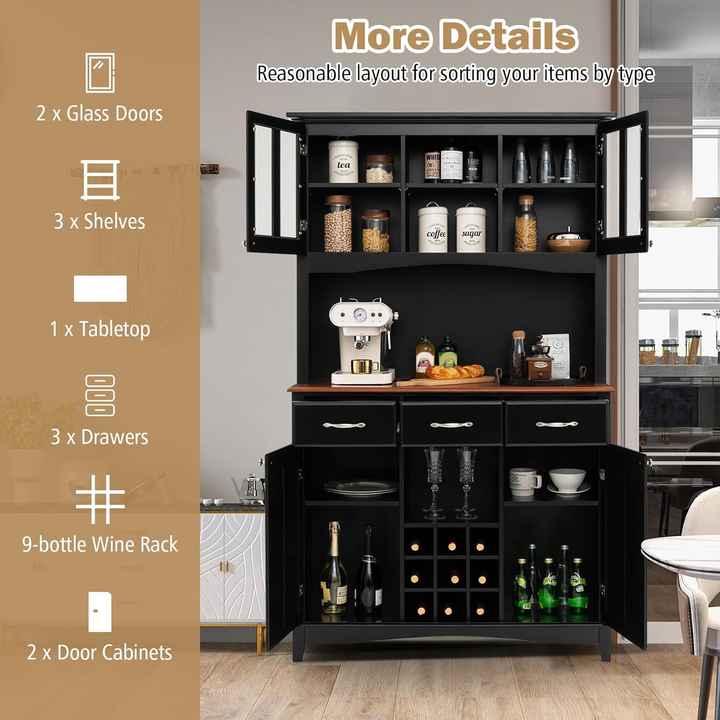 72.5\" Freestanding Buffet Hutch Adjustable Shelves Wine Grids ...