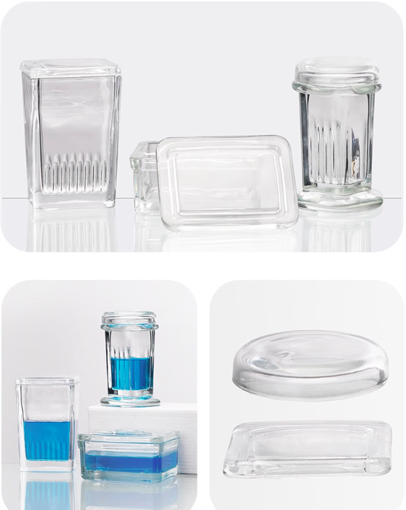Glass staining cylinder, staining rack, round high shape, flat square ...