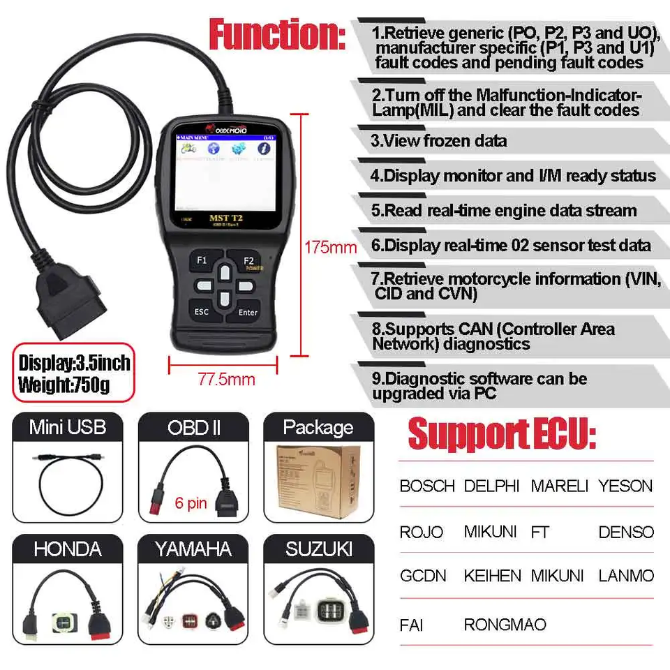 MST T2 Zeus Motorbike Diagnostic Tool - Automotive Fault Code Scanner ...