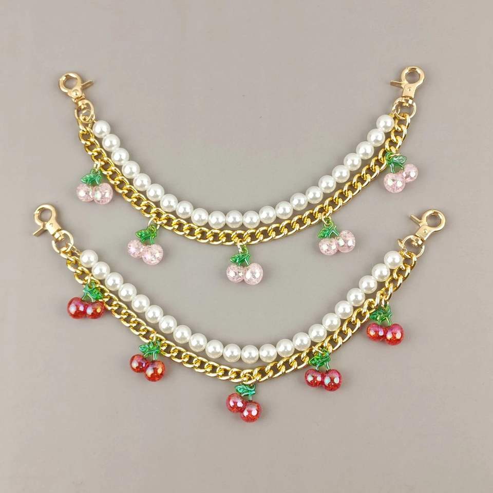 DIY Detachable Double Layer Pearl Bead Cherry Charm Gold Metal Bag Key ...