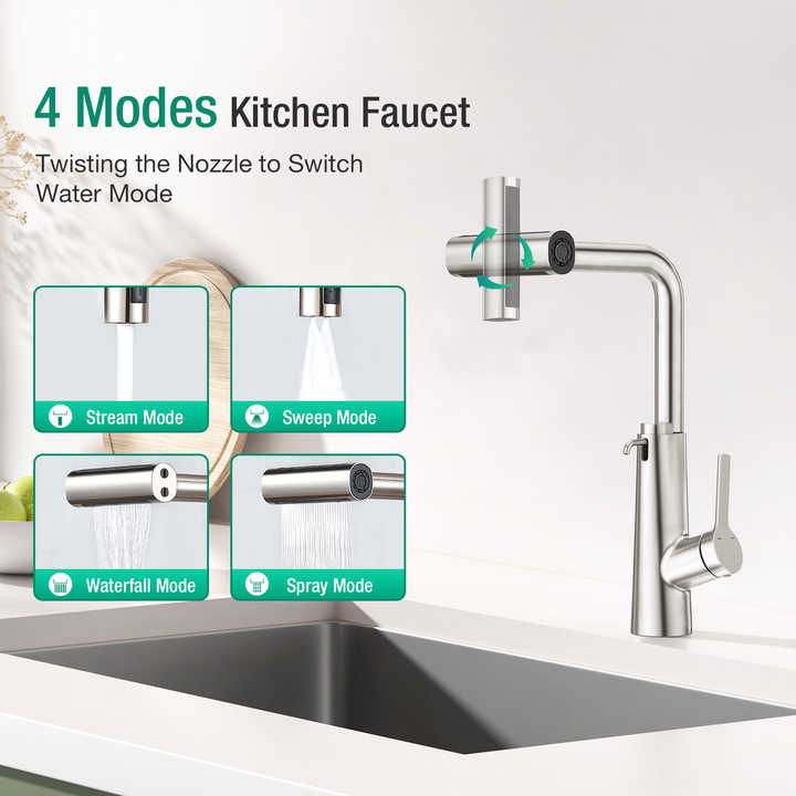 4 Water Function Modes Pull Out Kitchen Faucet 2 in 1 Kitchen Faucet ...