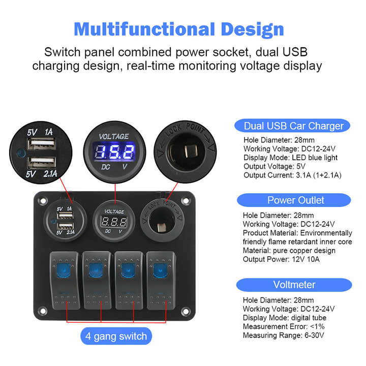 Dual USB Port 4-Gang Aluminum Rocker Switch Panel LED Voltmeter ...