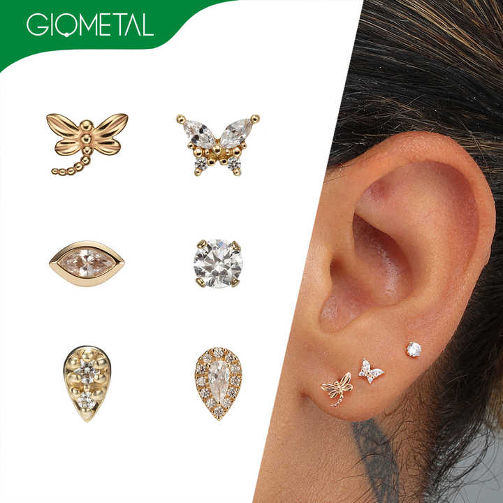 Giometal 14K/18K Solid Gold Threadless Dragonfly Earrings