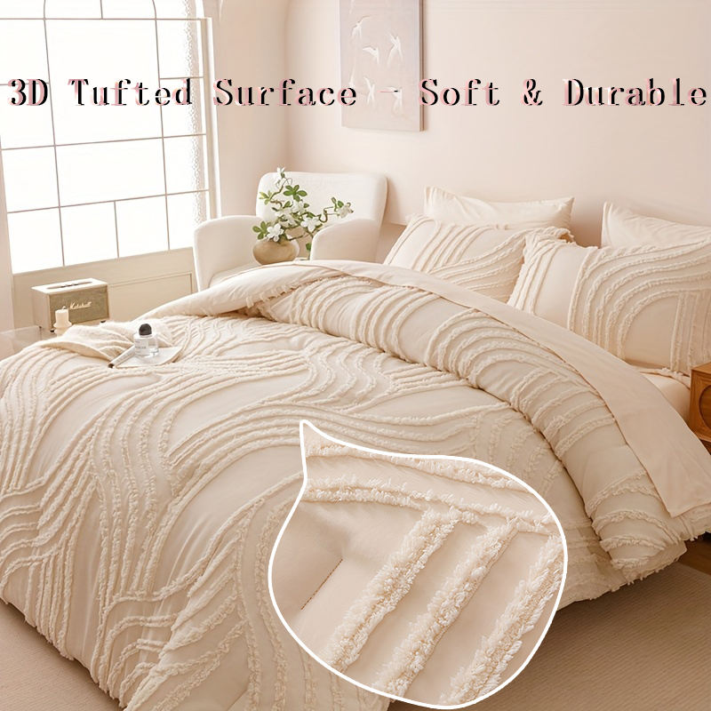 Luxury Cream Tufted 3Pcs Polyester Bedding Set Soft Lightweight ...
