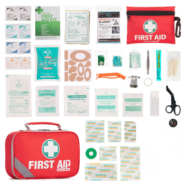 258 Piece Set First Aid Kit - Red for Travel & Camping