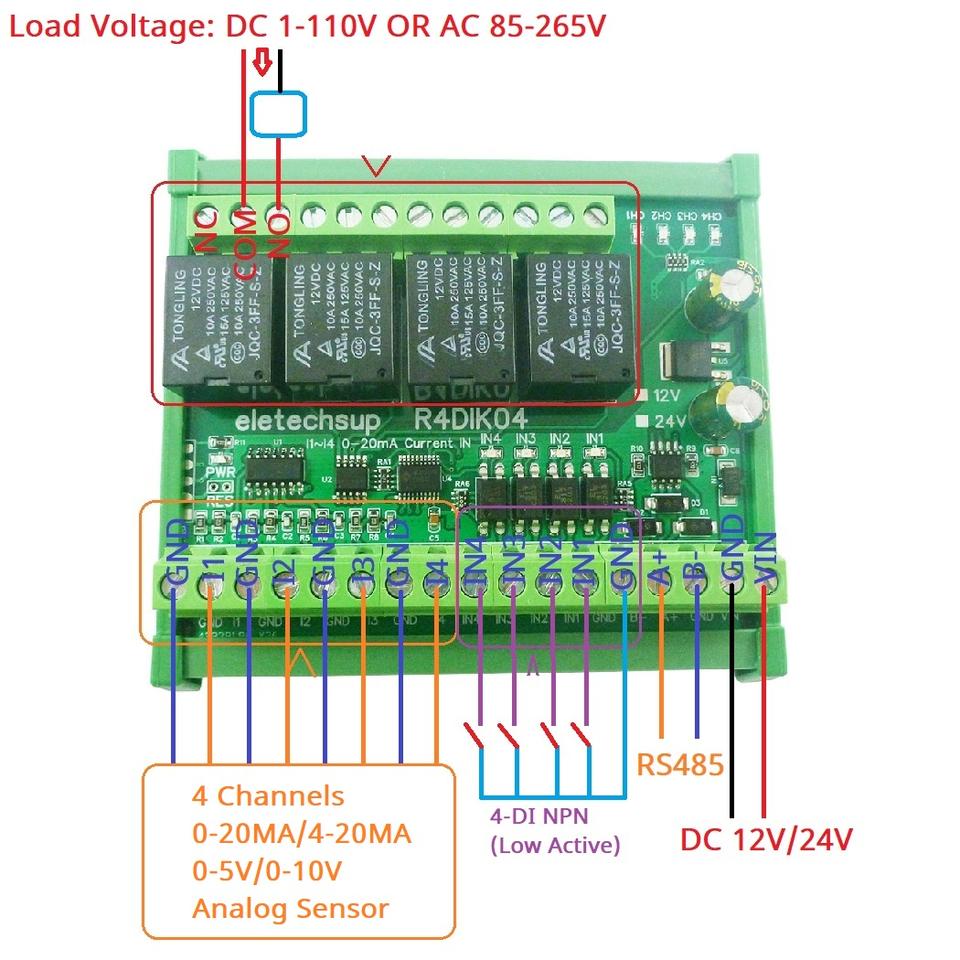 R4DIK04 4-20ma Analog Input Module - 4AI-4DI-4DO Mixed IO