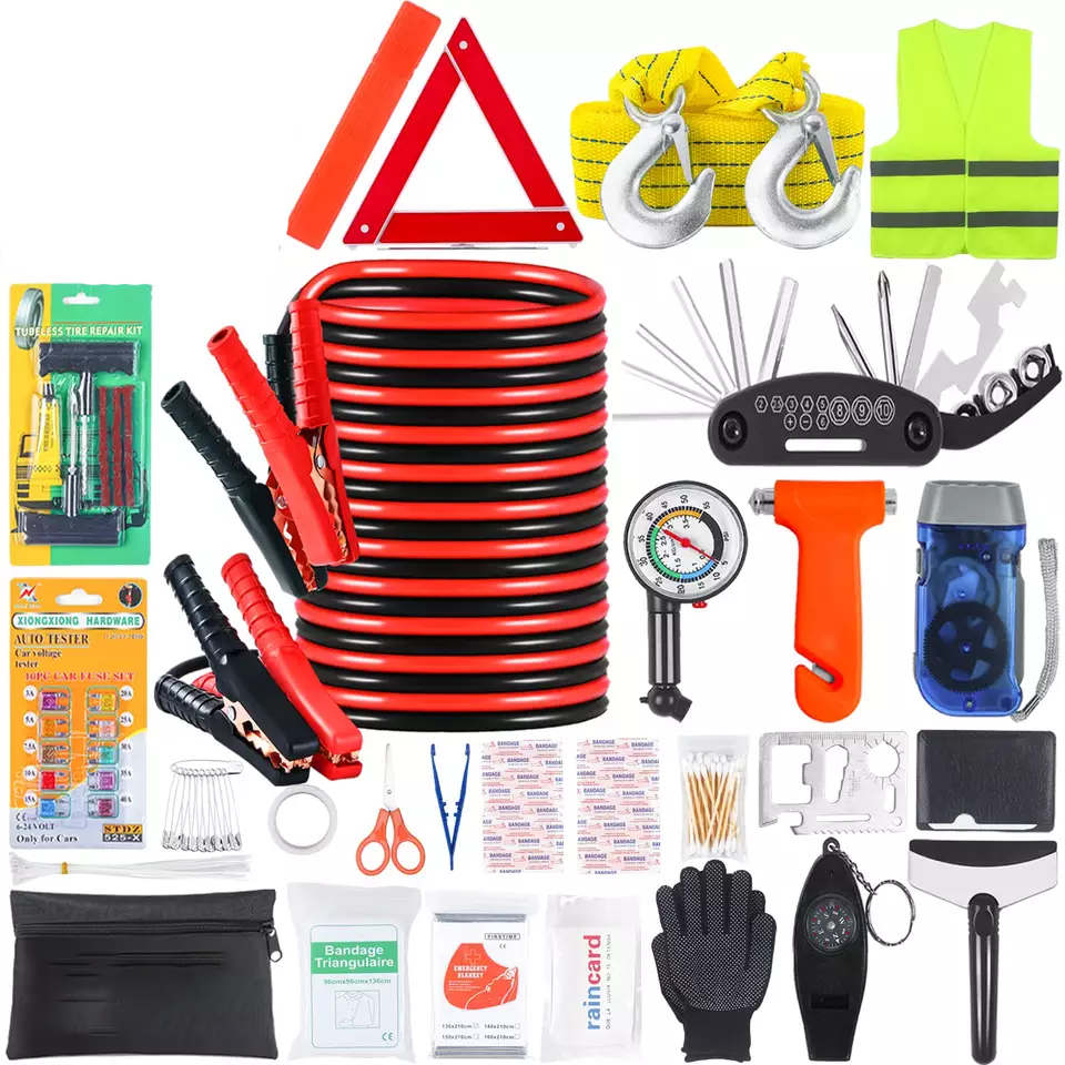 Car roadside emergency safety tool kit bag with jumper starter first ...