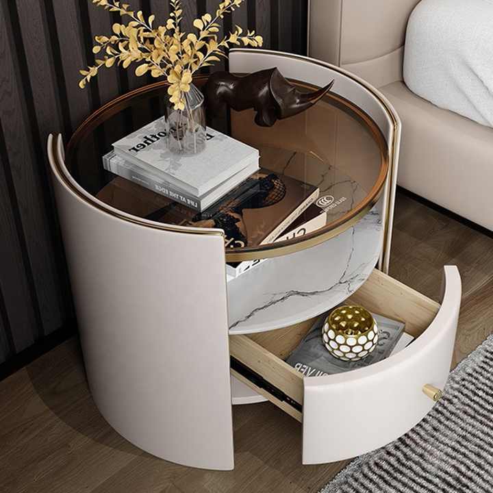 Minimalism Rock Panel Round Bedside Table Simple Modern Bedroom Brown ...