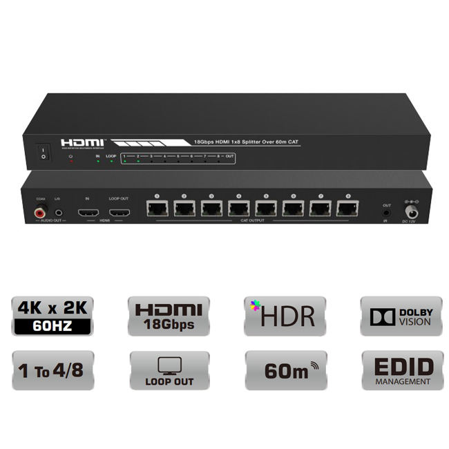 18Gbps hdmi to cat 6 Extender and Splitter 1tx 8 Rx with 1 HDMI Loop ...