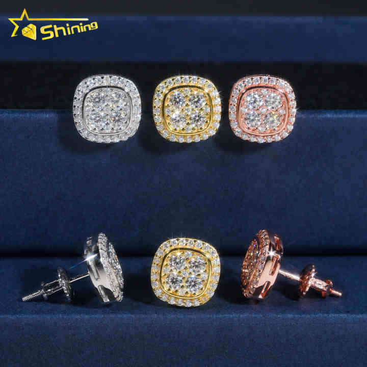 Iced Out 925 Silver Gold Plated Screw Back Moissanite Stud Earrings