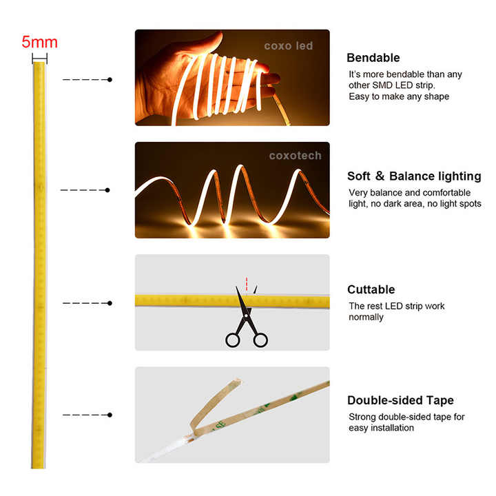 COXO Mini Cut Anywhere COB LED Strip - 50000 Hours Lifespan