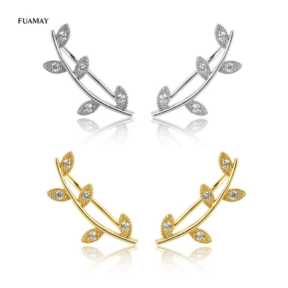 FUAMAY Women's Leaf Ear Climbers Crawlers Cuff Earrings Zircon Gold ...