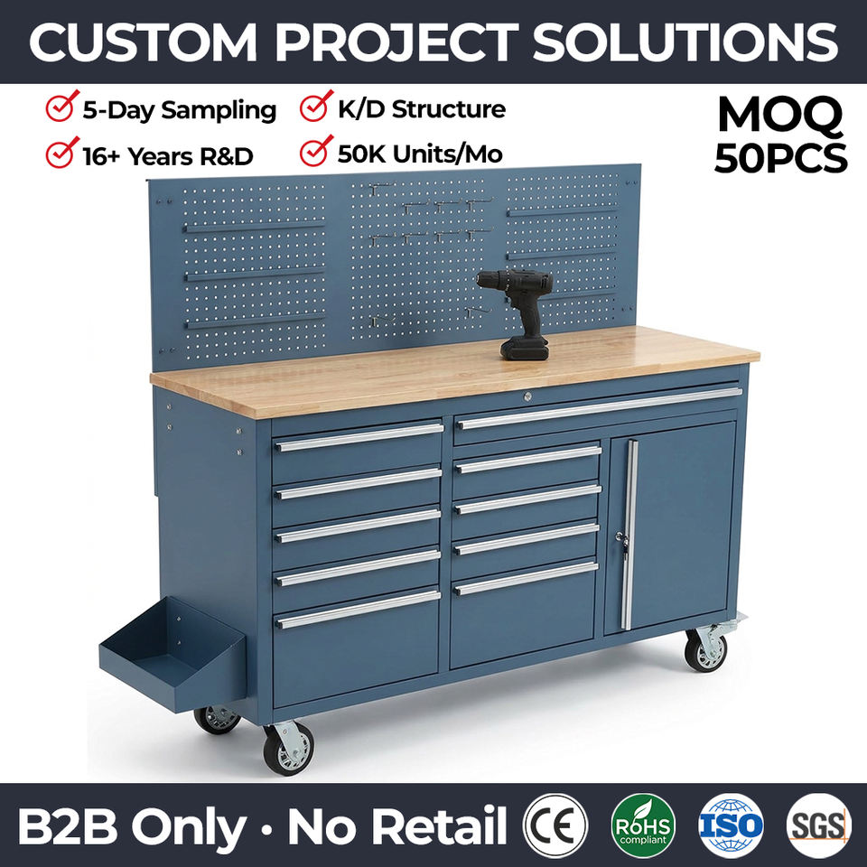 10 Drawer Blue Workbench Cabinet with Pegboard Wood Top Mobile ...