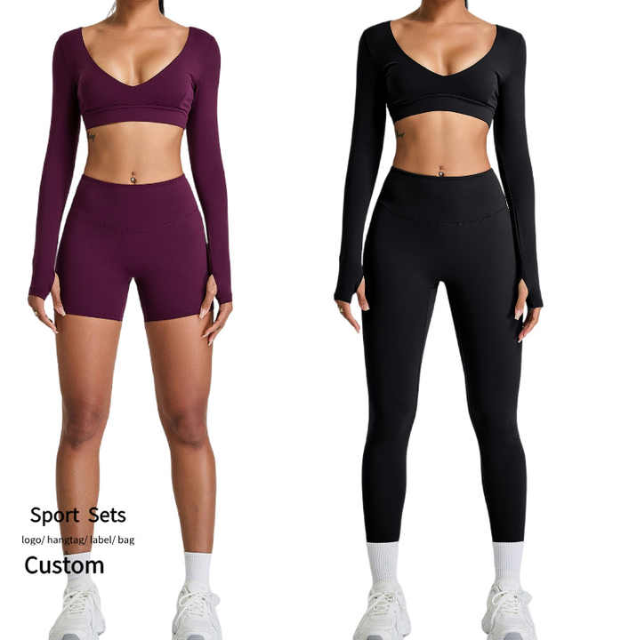 2025 New Yoga Suits Long Sleeve Deep V Neck Crop Top Gym Fitness Sets Breathable Quick Dry ...