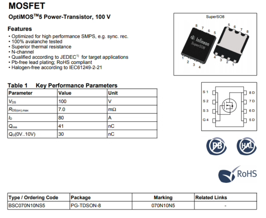 Original BSC070N10NS5 070N10N5 TDSON-8 N-channel MOSFET Field Effect ...