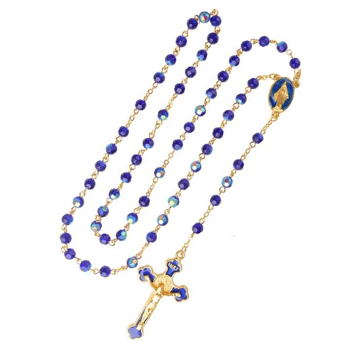 Gold Plated Catholic Blue Crystal Rosary Necklace with Virgin Triangle ...