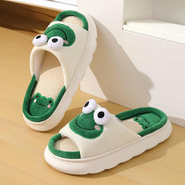 Cartoon Frog Linen Slippers - Anti-Slip & Stylish Winter Shoes