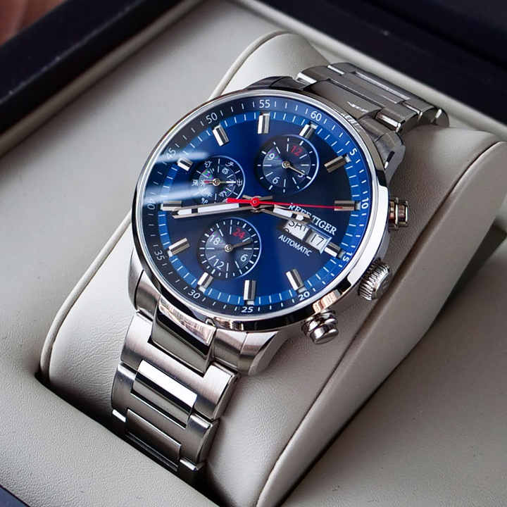 Reef Tiger RGA1659 Steel Blue Chronograph Automatic Watch for Men - 10 ...