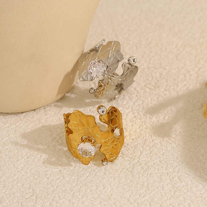 INS Style 18K Gold Plated Irregular Geometric Zircon Wide Open Finger ...