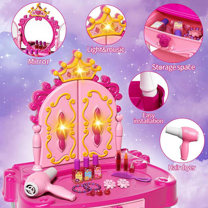 Toddler Makeup Vanity Table with Light Music Kids Makeup Vanity Set ...