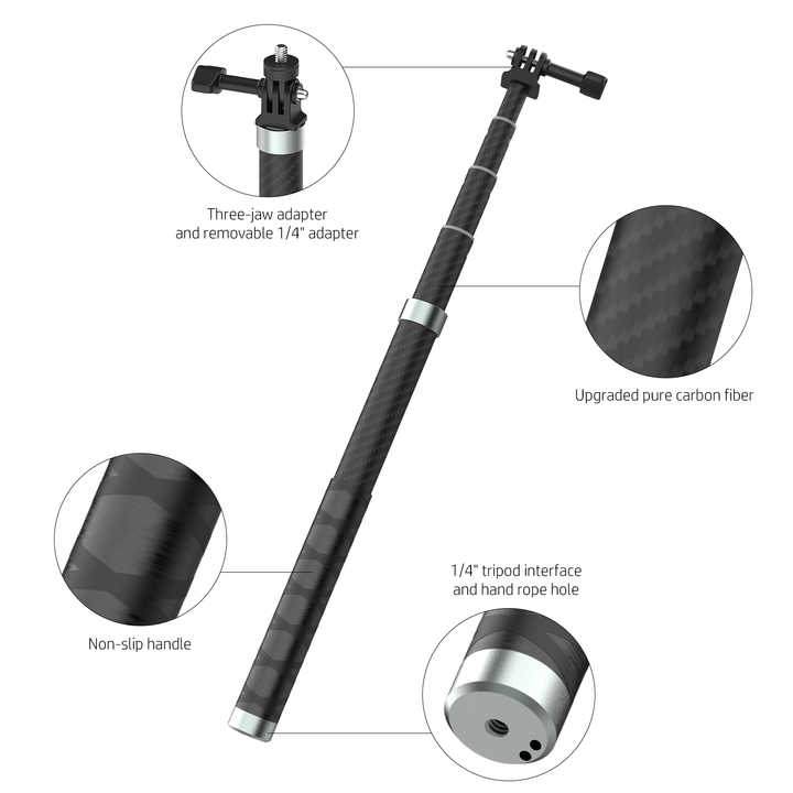 YLTECH 1.2M Carbon Fiber Selfie Stick Handheld Extendable Monopod Fold ...