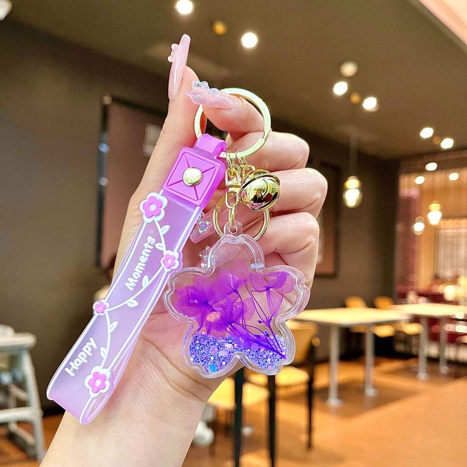 Hot Selling Cartoon Cute Colorful Flower Keychain Liquid Keychain With ...