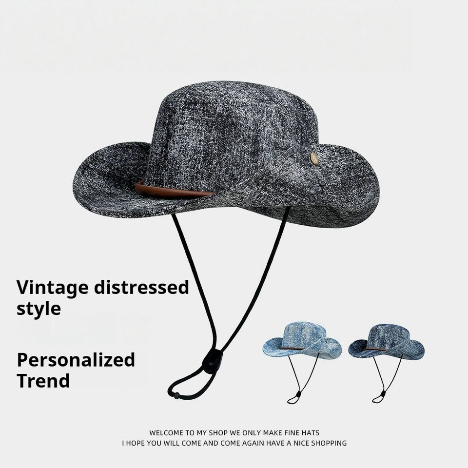OEM/ODM Vintage Distressed Cowboy Hat Denim-Inspired Wide Brim Western ...