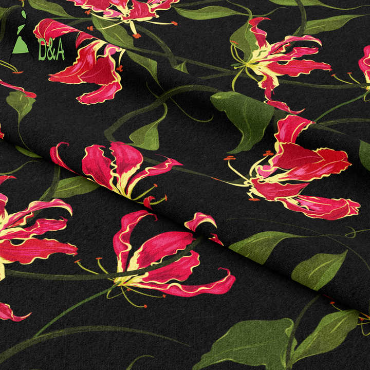 Wholesale 100% Rayon Fabric Black Background Red Flower Print Woven ...