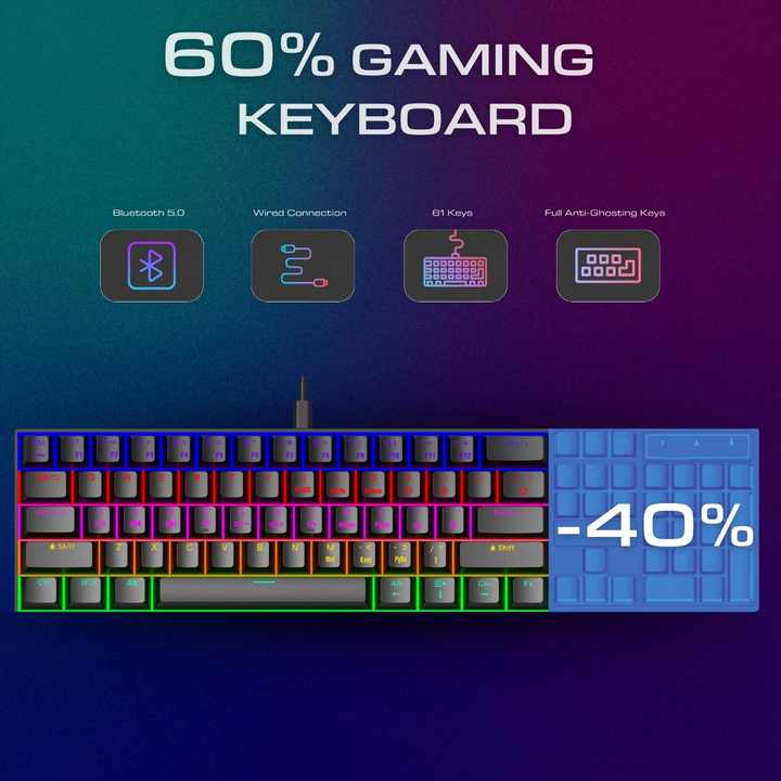 TMICE 61 Keys 60 Percent RGB Gaming Keyboard - Backlit