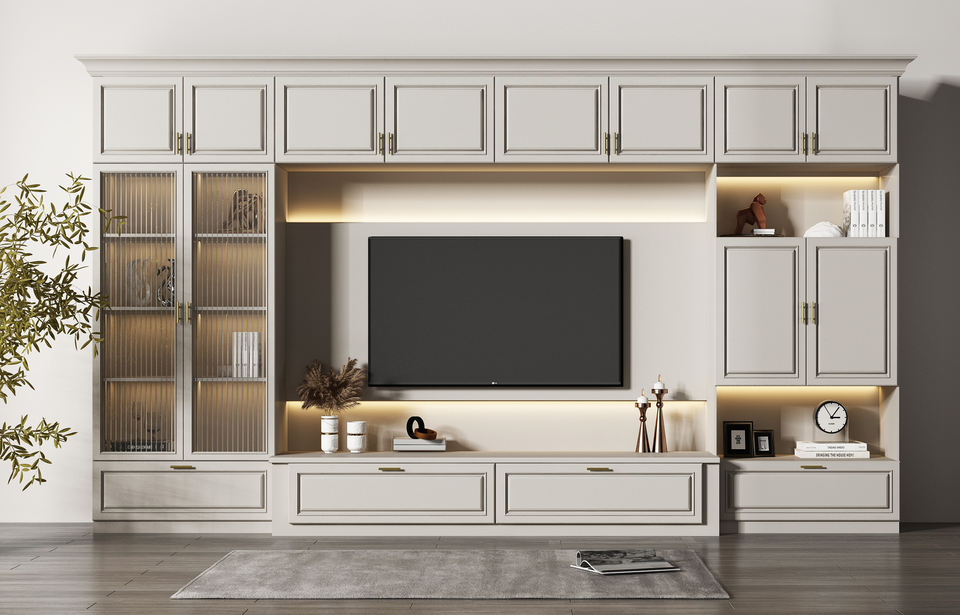 Modern French Style LED TV Wall Unit with Bookcase, Cream White Living ...