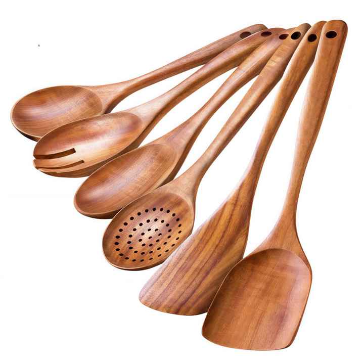 6-Piece Acacia Wood Kitchenware Set Teak Spatula Salad Spoon Soup ...