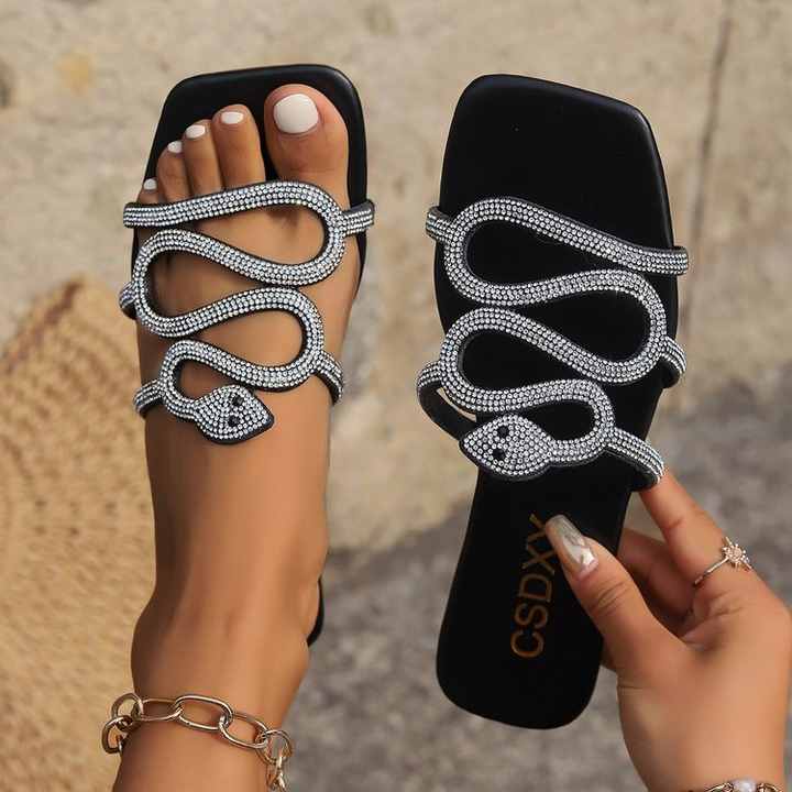 2025 Summer Ladies Luxury Bling Rhinestone Flat Slippers Double Strips ...