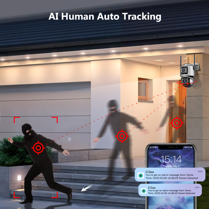 Auto Tracking Motion Detection Alarming 6MP Icsee WiFi Dome CCTV Camera Waterproof Dual Lens PTZ ...