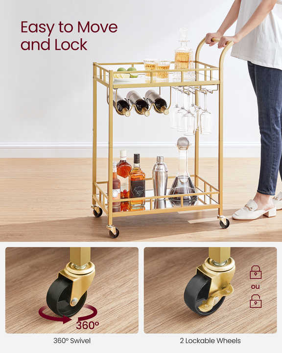 VASAGLE Gold Kitchen Cart Serving Trolley with 2 Mirrored Shelves Wine ...