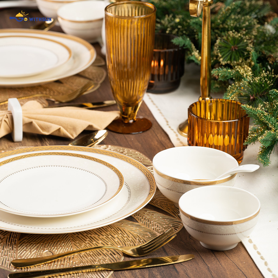 Factory 36-Piece Cream Gold Luxury Ceramic Bone China Dinnerware Set ...
