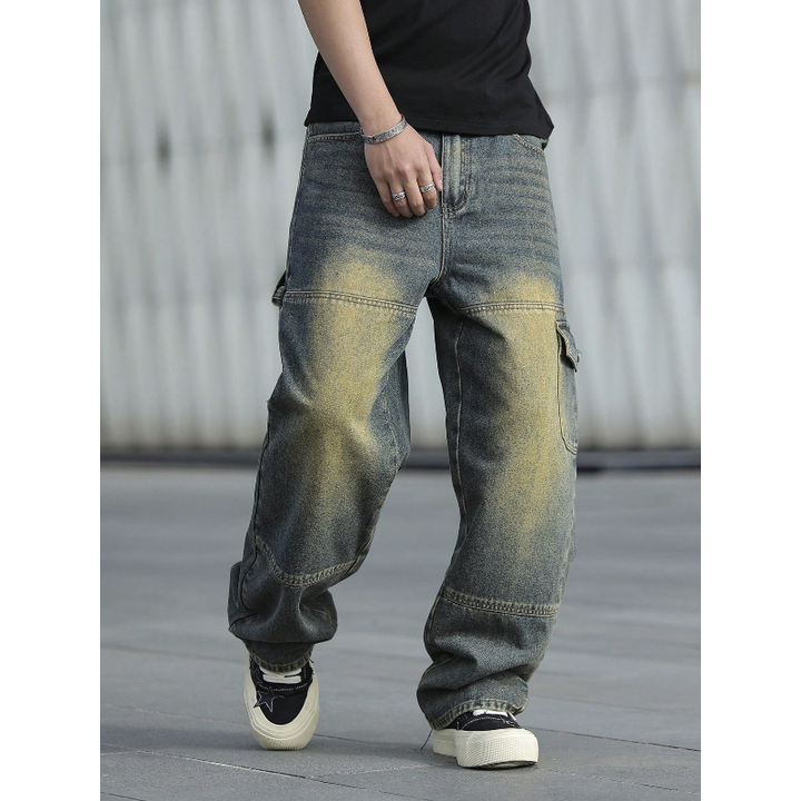 Wholesale Customized Men's Vintage Washed Denim Cargo Pants Gradient ...